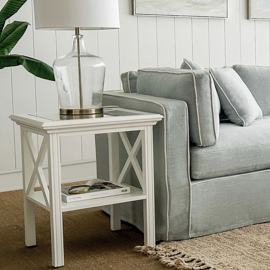 Sorrento Hamptons Square Side Table W/ Glass Top White – OneWorld ...