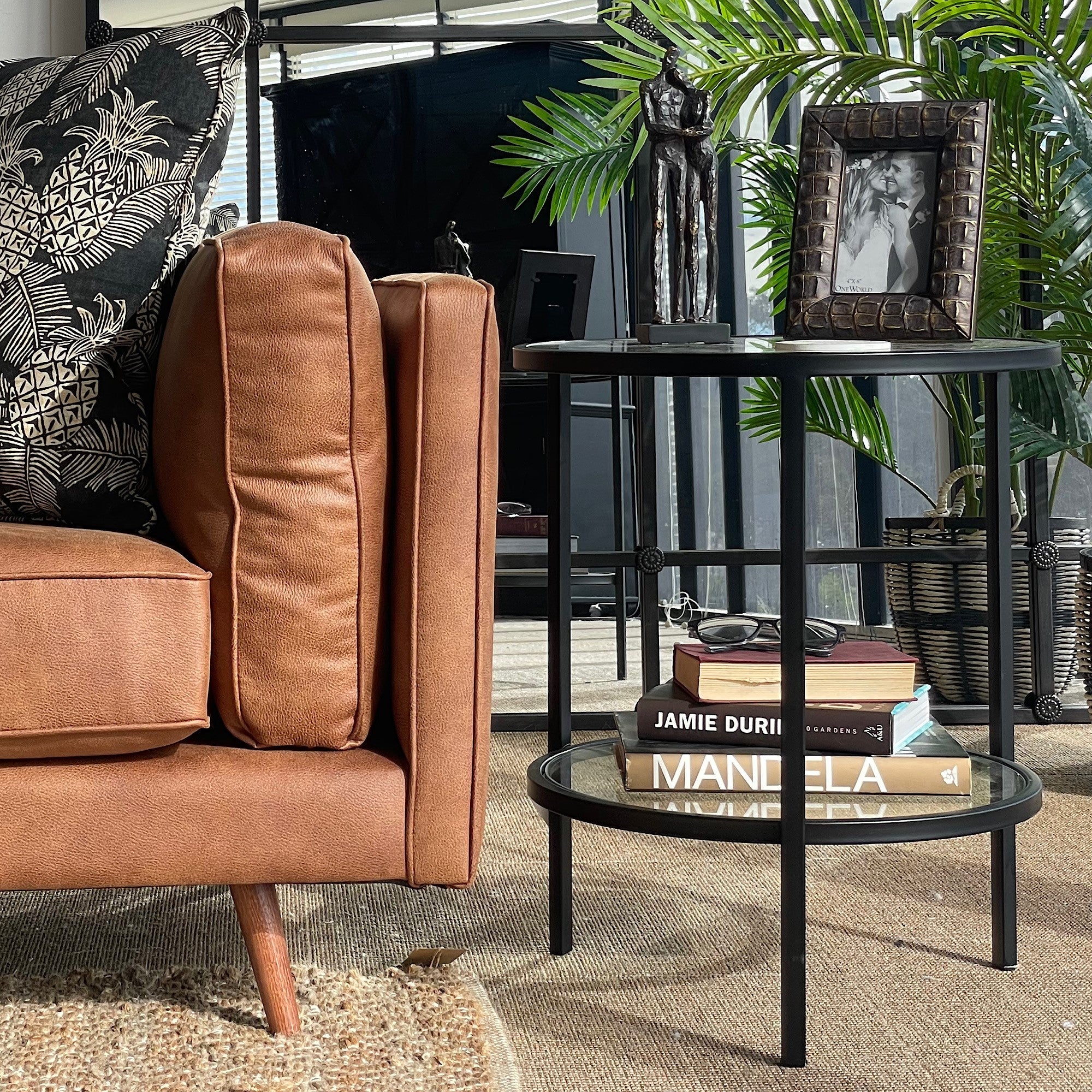 Black iron and glass side table store