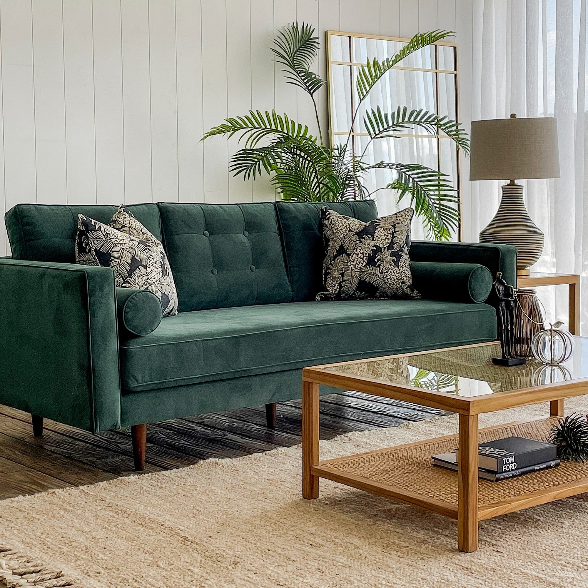 Evie Button Tuffed 3 Seat Sofa Forest Green Velvet W Bolster Cushions OneWorld Collection